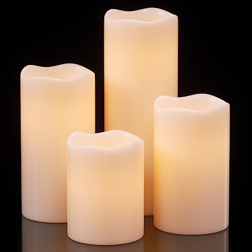 Eldnacele Waterproof Flameless Flickering Candles with 6 Hours Timer, Indoor Outdoor White LED Plastic Battery Operated Pillar Candles Pack of 4 for Wedding Festival White, D3āx H4ā 5ā 6ā 8ā