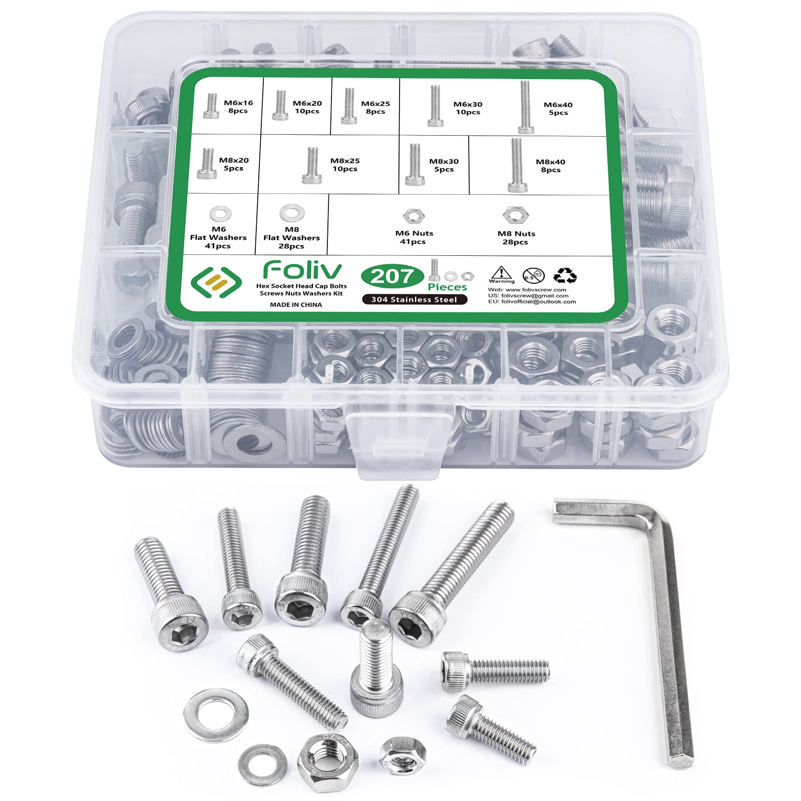 FOLIV M6 M8 Socket Head Hex Socket Cap Screws Bolts Nuts Washer Assortment Kit with 304 Stainless Steel Drive Bright Finish Full Thread Allen Hex 207PCS