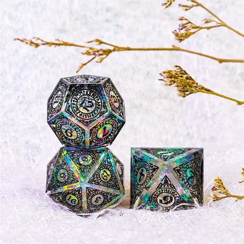 Clear Ancient Rune Wizard Sharp DND Dice Set with Leather Dice Box | for Dungeons and Dragons, D&D, Sharp Edge, D20 Polyhedral Resin Dice, Dungeons and Dragons Gifts, Accessories