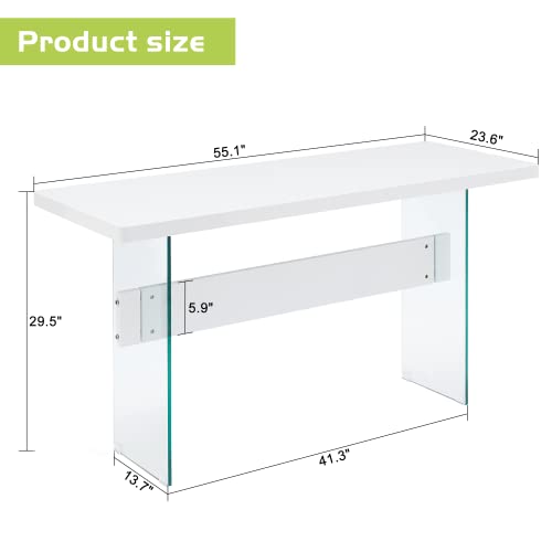 ivinta Modern White Dining Table, High Glossy Dining Room Table for 4/6, Glass Desk Table for Small Space, 55 inches Rectangular Dinner Table for Kitchen, Dining Room, Living Room (White)