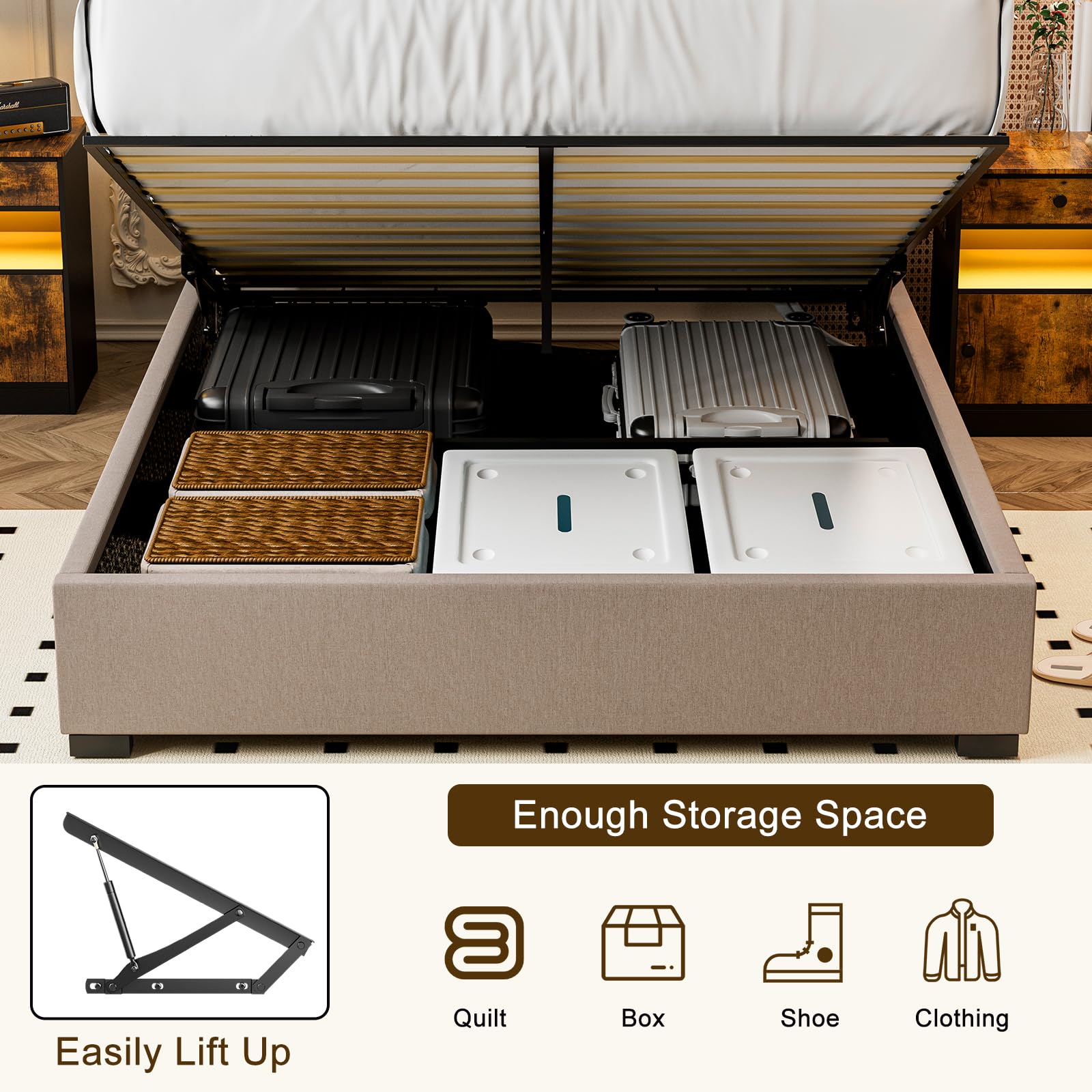 IKIFLY Queen Lift Up Storage Bed Frame with LED Lights Headboard & 2 USB Ports - Adjustable Height - Upholstered Button Tufted Queen Platform Bed, Solid Wood Slats, No Box Spring Needed, Black