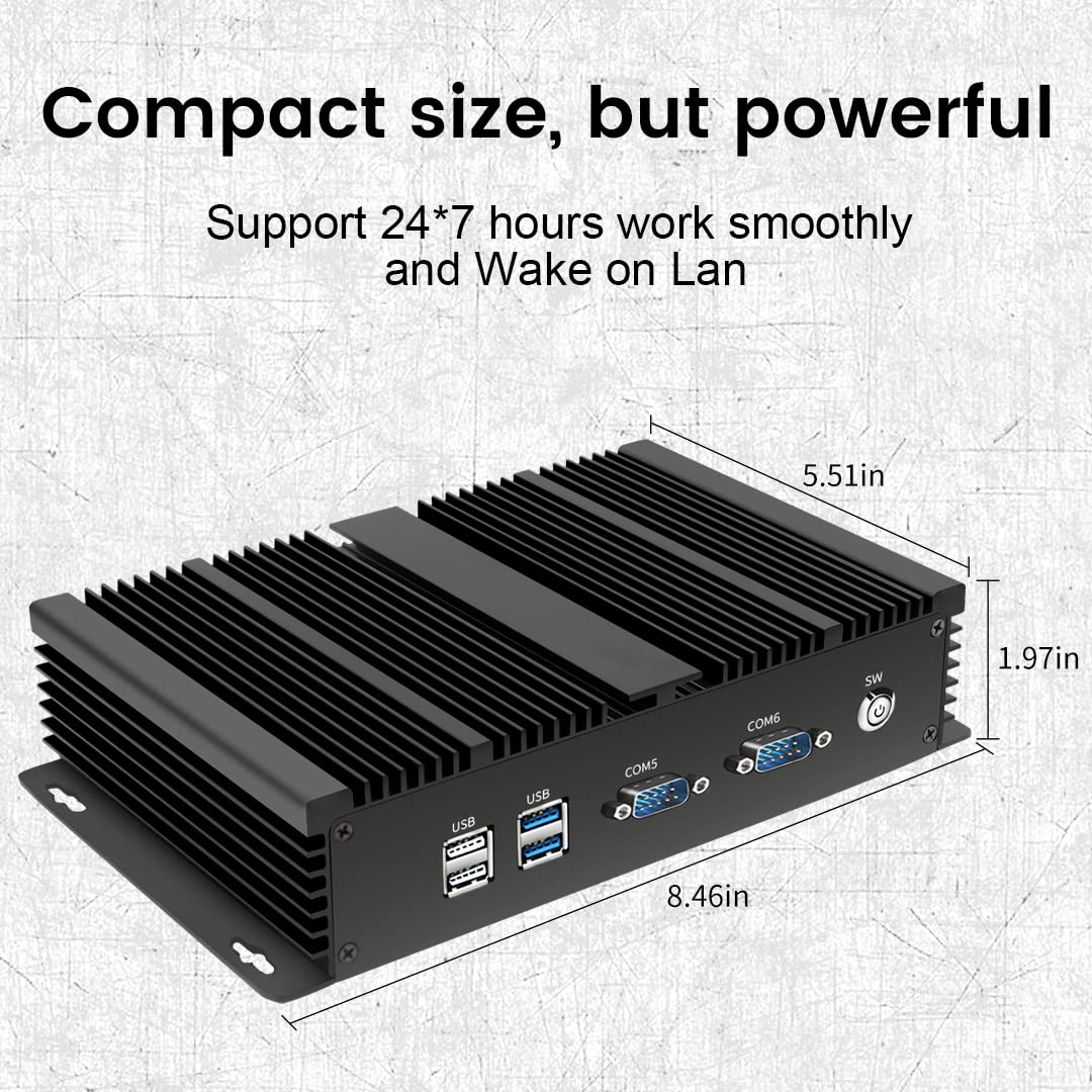 Kinupute Industrial Mini PC, Intel Core i7-5500U 2.4-3.0GHz, 16GB RAM, 512GB SSD, Windows 10 Pro, 6xCOM RS232/RS485, 4xUSB 3.0, HDMI/VGA Ports, Auto Power On, Full Metal Case