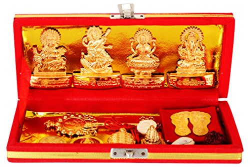 KESAR ZEMS Zinc Dhan Laxmi Kuber Bhandari Yantra Set (20 cm x 8 cm x 4 cm, Golden, Pack of 14 Items)