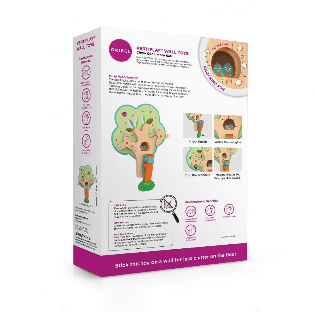 ORIBEL VertiPlay (Wall Toy) Busy Woodpecker, Wooden Toy and Nursery Room Decor | Easy to Install, Just Stick & Play!