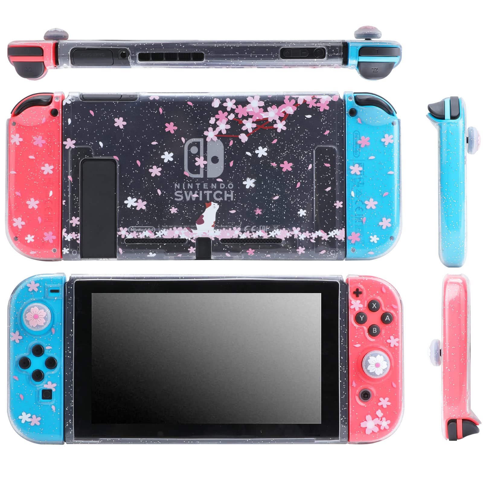 Clear Glitter Case for Switch, Cute Dockable Protective Case for Girls Women, Soft TPU Cover with Cherry Blossoms Thumb Grips Compatible with Nintendo Switch and JoyCon Controller - Pink Sakura Cat