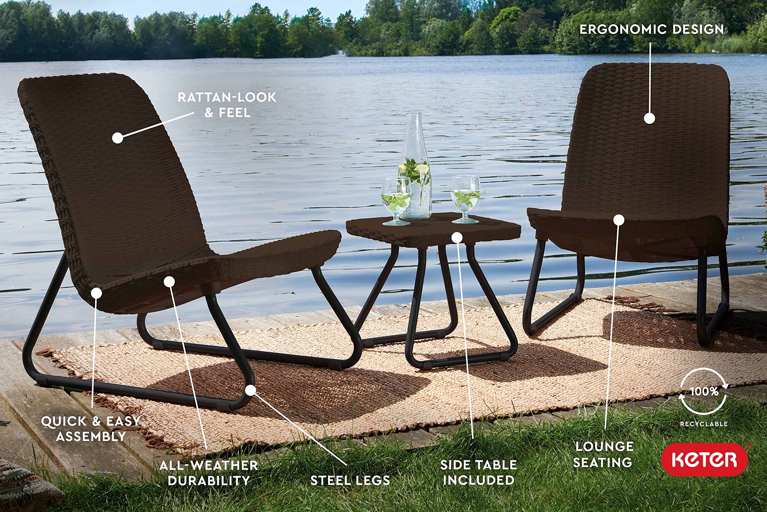 Keter Rio 3 Piece Resin Wicker Patio Furniture Set with Side Table and Outdoor Chairs, Brown