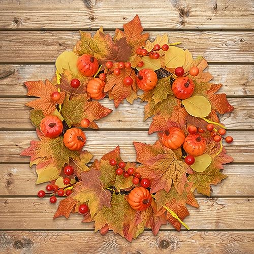 Fall Decor - Fall Wreaths for Front Door, 18" Fall Wreath with Fall Leafs Pumpkins Berry - Fall Decorations for Home Autumn Wreath Decor for Front Door
