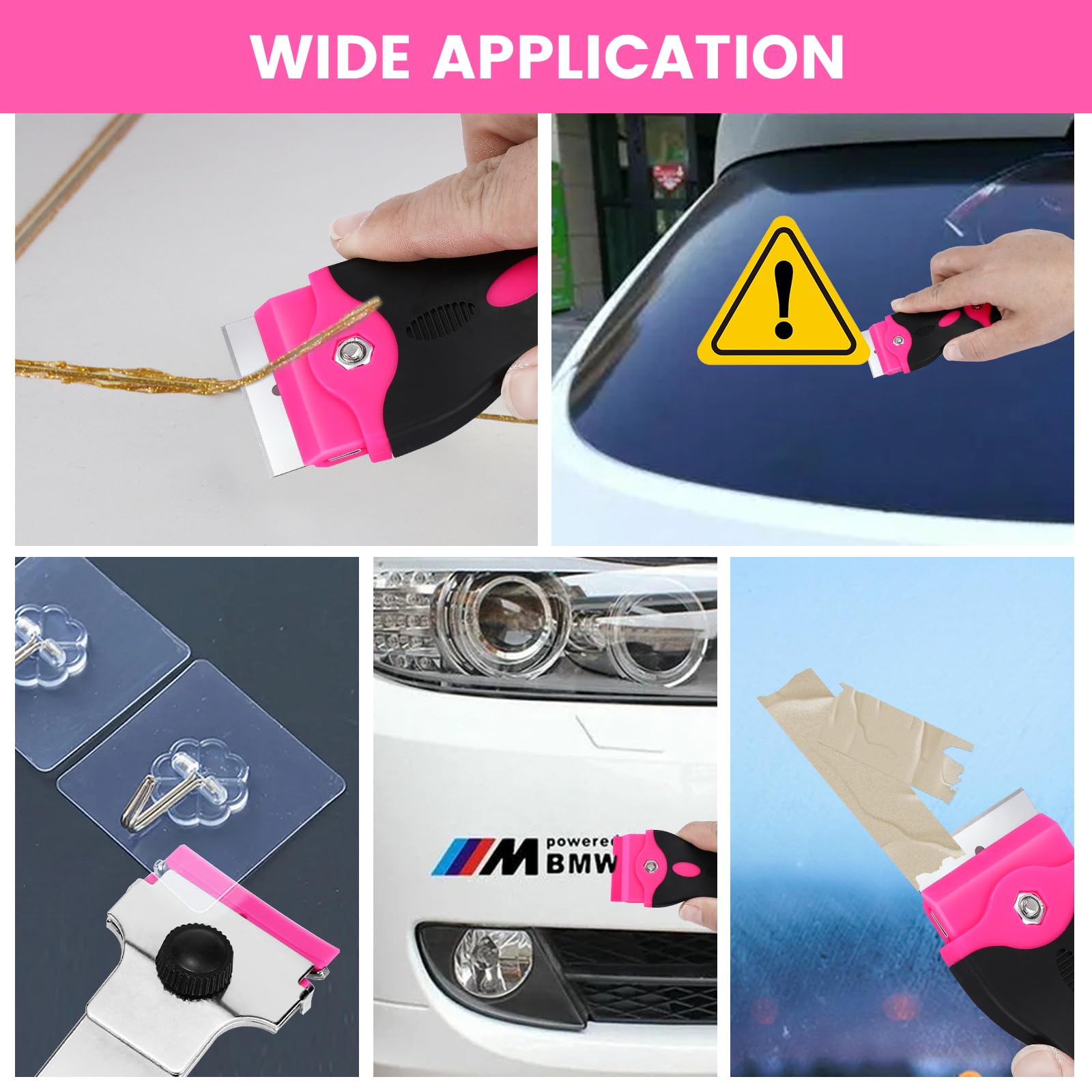 Fertoriy Razor Blade Scraper, Premium Razor Scraper with 50 Metal & Plastic Razor Blades, Multi-Purpose Razor Blade Scraper Tool, Glass Window Scraper Tool for Cleaning Cooktop, Sticker (Pink)