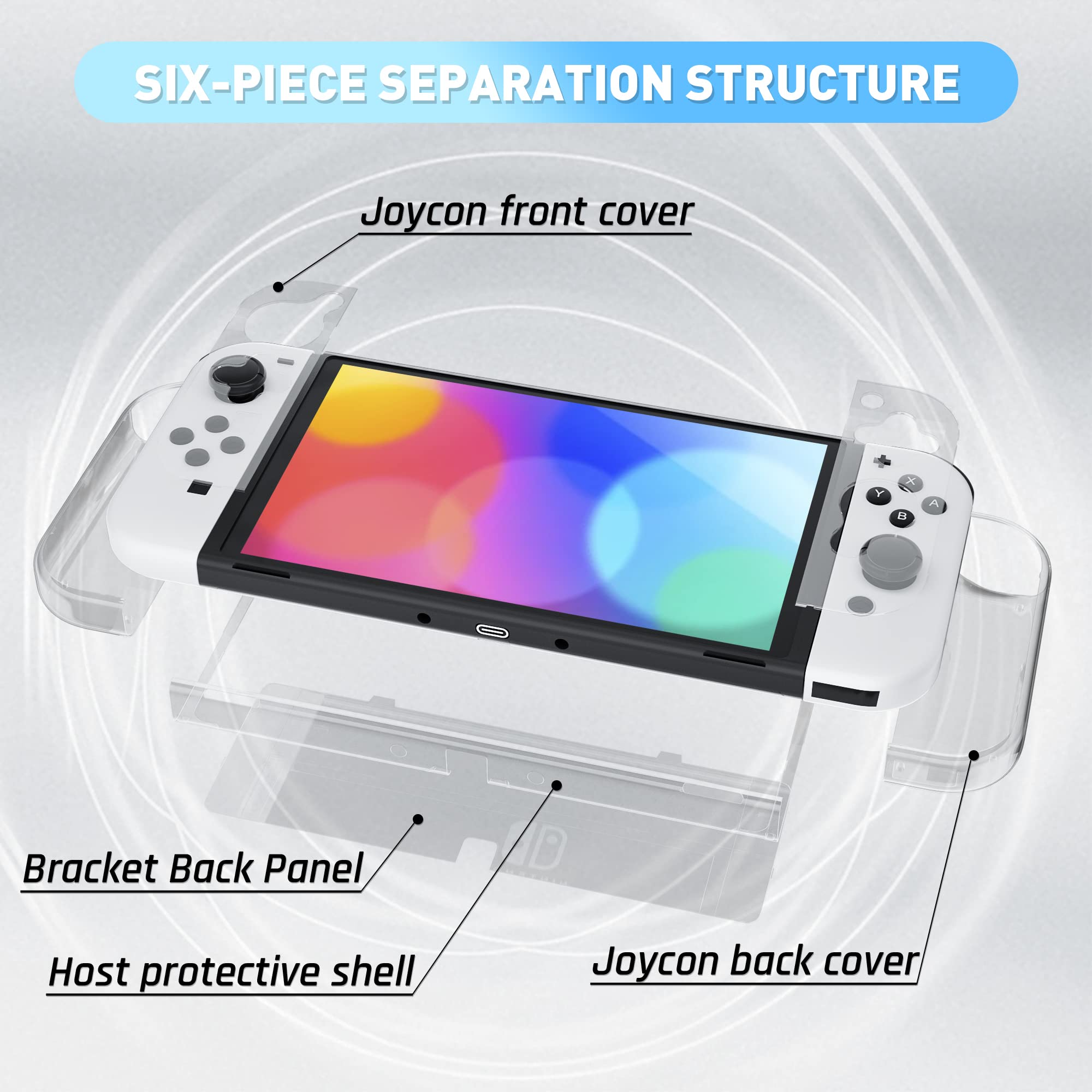 Detachable Case Cover for Nintendo Switch OLED 2021, FANPL Hard PC Protective Case Compatible with Switch OLED Console & Joy Con, Clear Cover with Removable Back Plate of Switch OLED Bracket