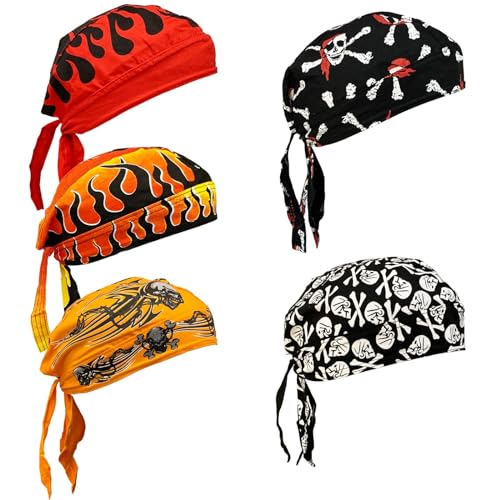 Cotton Doo Rag Skull Cap Sweat Wicking Head Wraps Pirate Hat Breathable Helmet Liner Flame Beanie Dew Rags for Men and Women (Skull and Flame)