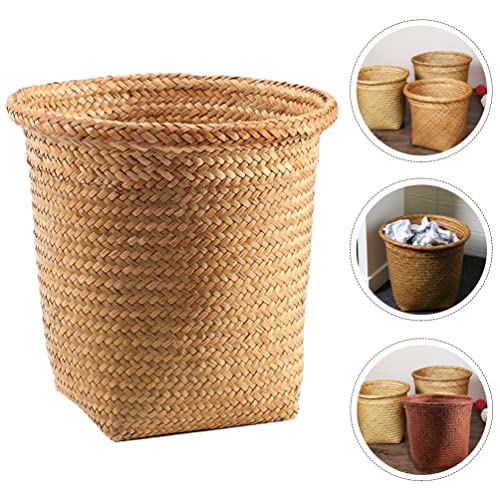 Ipetboom Office Decor Woven Rattan Trash Can Hand Woven Basket Planter Flower Pots Storage Container Farmhouse Round Trash Can Rattan Garbage Bin Wicker Laundry Basket Rustic Decor Desktop