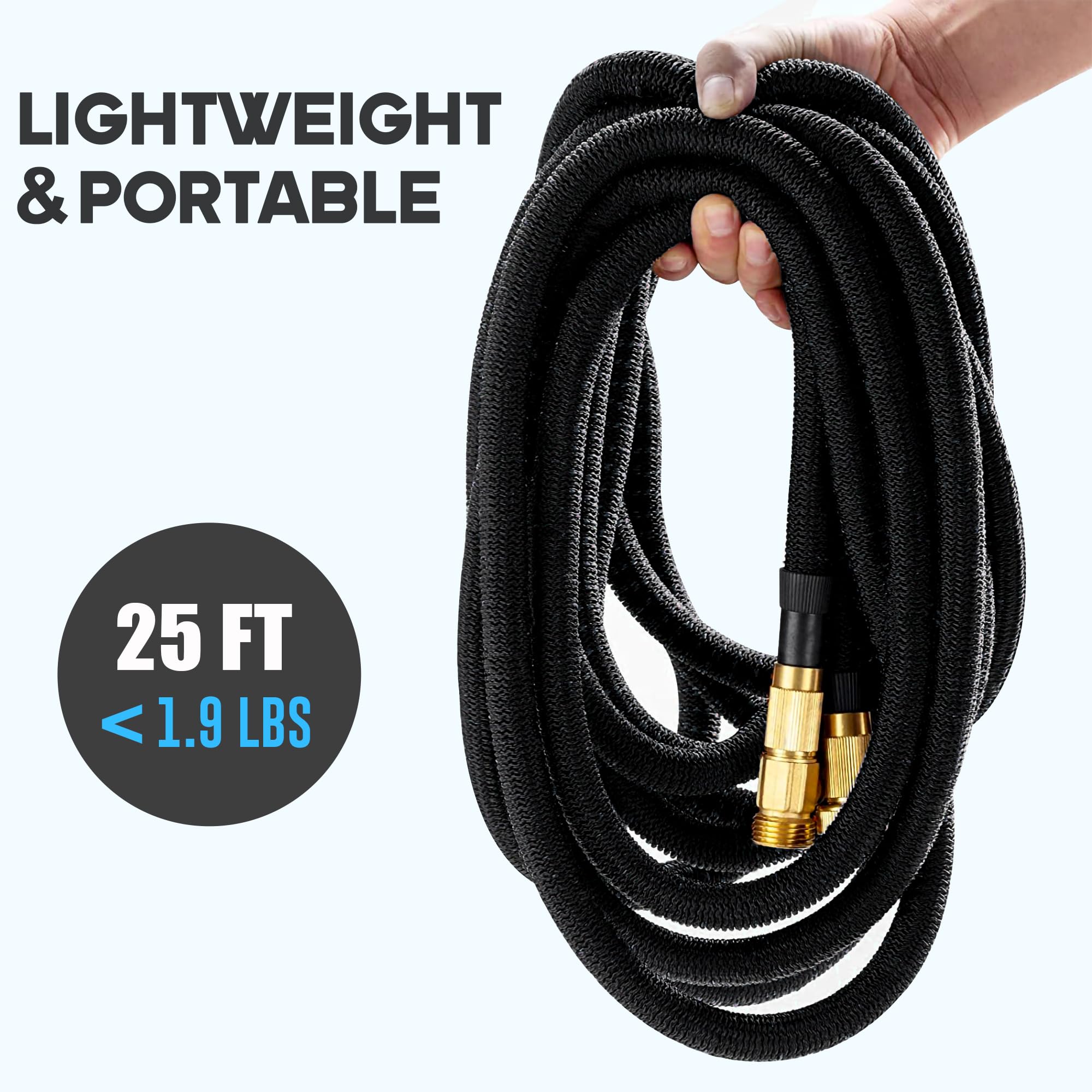 Expandable Garden Hose 25 ft with 10 Function Spray Nozzle - New Patented Water Hose with 40 Layers of Innovative Nano Rubber - Lightweight, Durable, Flexible, 25ft Retractable Stretch Hose (Black)