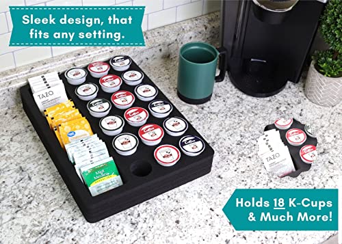 Coffee Pod and Tea Bag Organizer Drawer Tray 10.9 x 14.9 Holds 18 Fits Keurig K-Cup Fits Most Standard Tea Packets (Up to 3" wide) Durable High Density Waterproof Foam
