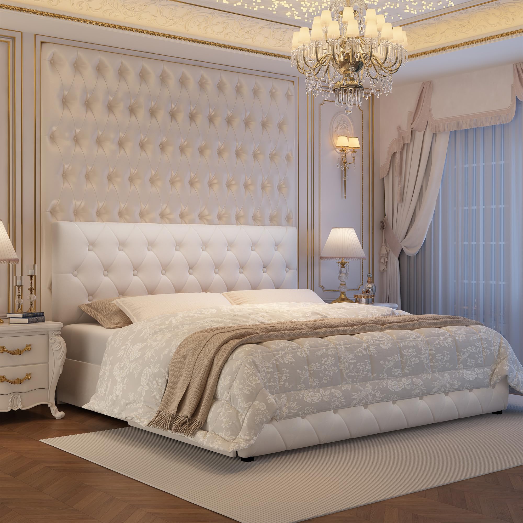 GEGOFORU Queen Bed Frame with 4 Drawers, Adjustable Upholstered Headboard Platform Bed, No Box Spring Needed, Velvet Cream