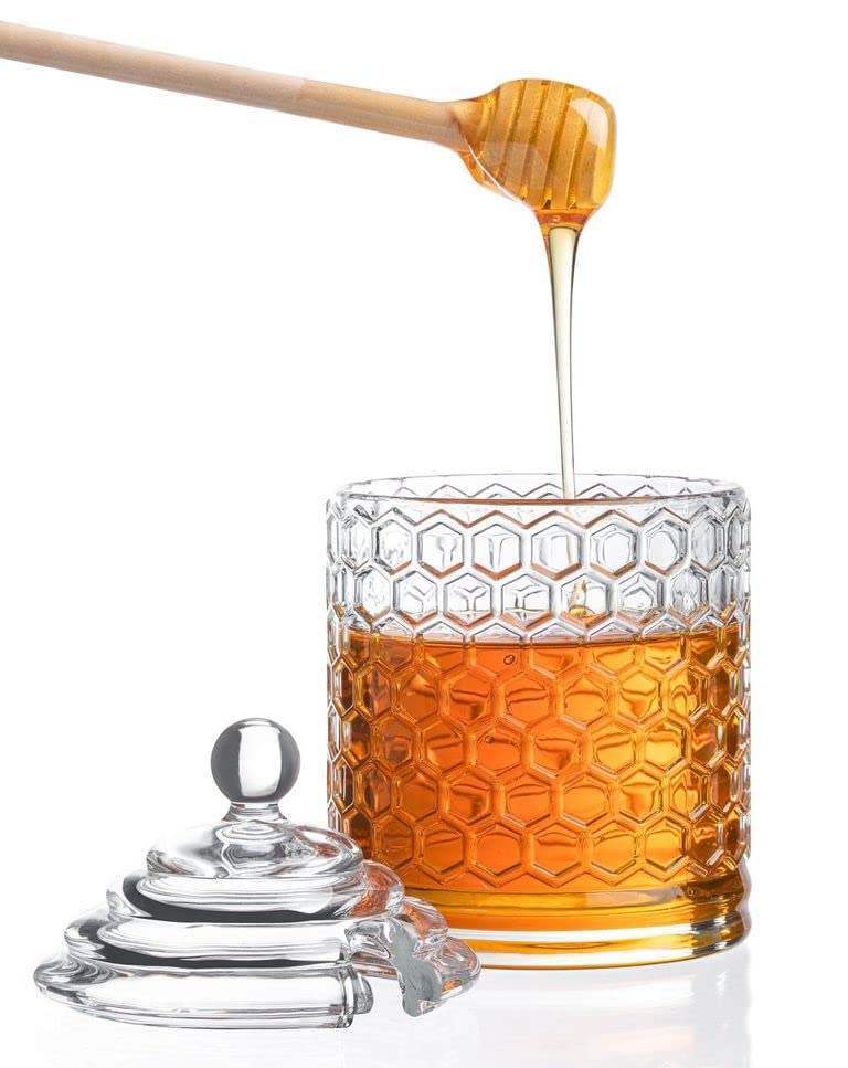 Royalty Art Glass Honey Pot with Beehive Lid and Wooden Dipper, 3 Pc. Set, Decorative Kitchen Accessory and Dispenser, Honeycomb Glassware, Reusable and Washable