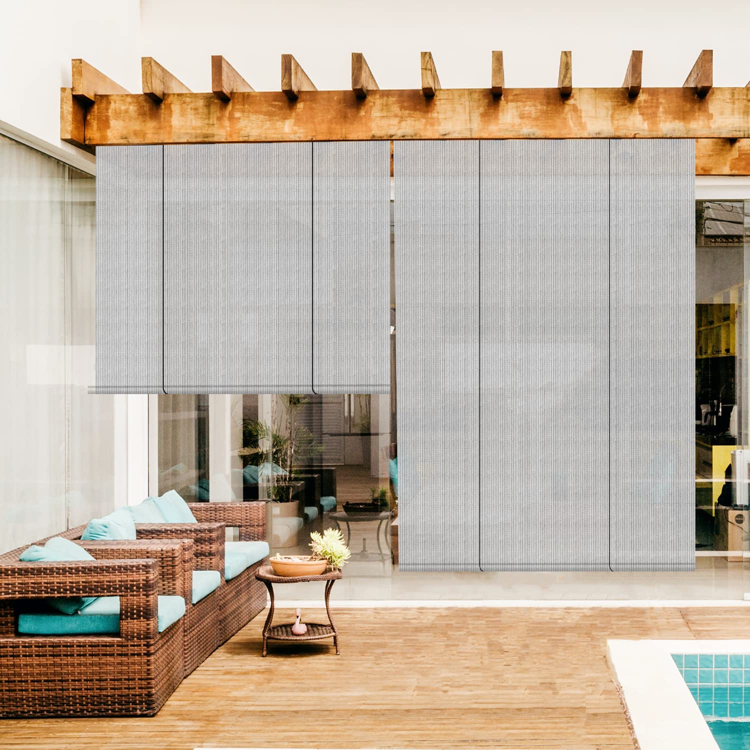 FLORALEAF Outdoor Roller Shades 7'W x 6'H Window Blinds for Porch Screen Deck Pergola Patio Balcony Gazebo Privacy Sunshade Roll Up Outdoor, Light Grey