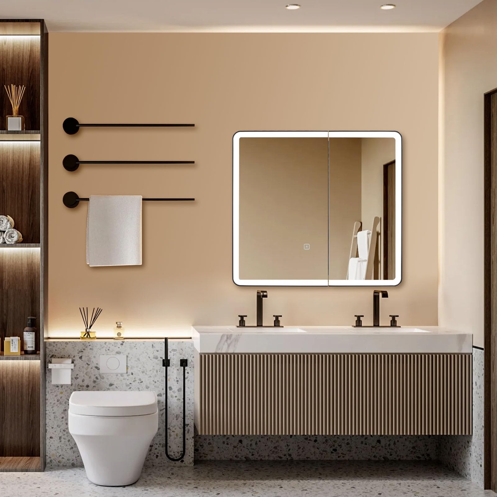 IDYLLOR LED Bathroom Medicine Cabinet with Round Corner Framed Mirror Door 22 x 20 inch, Recessed or Surface Mount, with Adjustable Glass Shelves Shelves