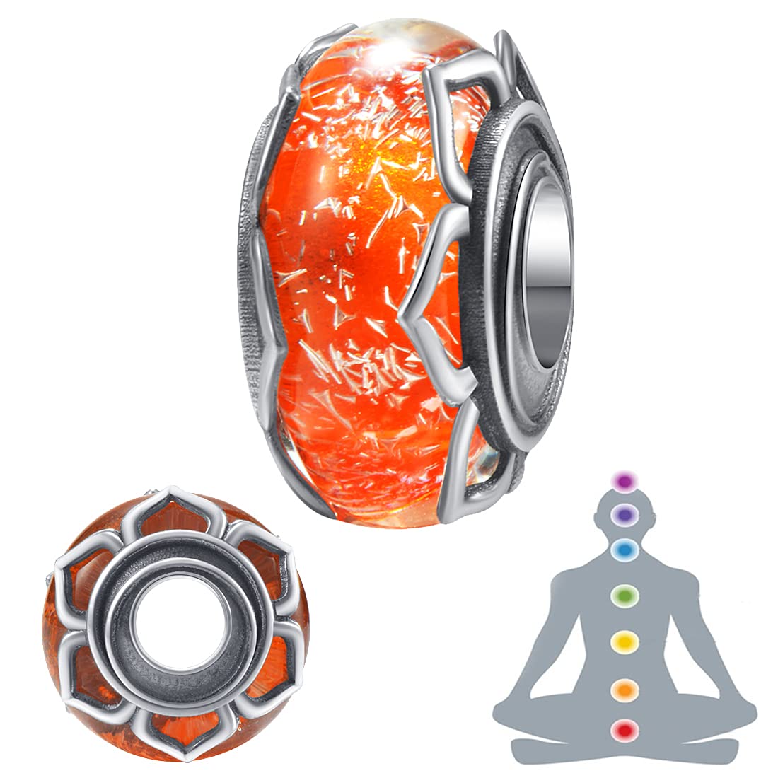 CHANGEABLE 7 Chakra Murano Glass Charms Orange - Sacral Chakra/SVADHISHTHANA for European Bracelets 925 Sterling Silver