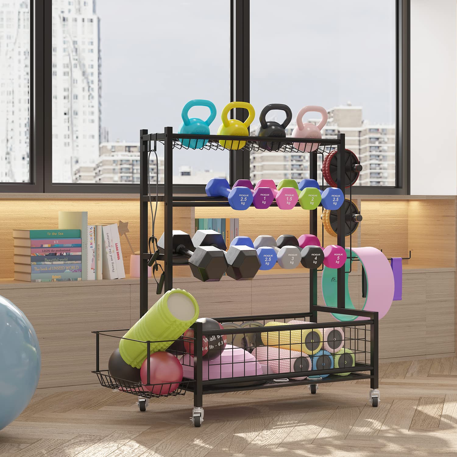 Dumbbell Rack Stand, Weight Storage Organizer, Home Gym Storage Rack for Dumbbells Foam Roller Kettlebells Yoga Mat Resistance Bands, Workout Equipment Storage with Wheels and Hooks