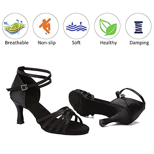 DKZSYIM Women's Satin Latin Dance Shoes Professional Ballroom Salsa Practice Performance Dancing Shoes,213-Black-7,US 5