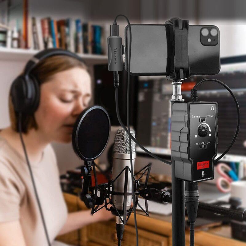 Nicama XLR Female to 3.5mm TRS and TRRS Adapter with Phantom Power for Shotgun or Condenser Microphones, V2 Mic Preamp for iPhone iPad DSLR Camera Canon Nikon Sony Camcorder