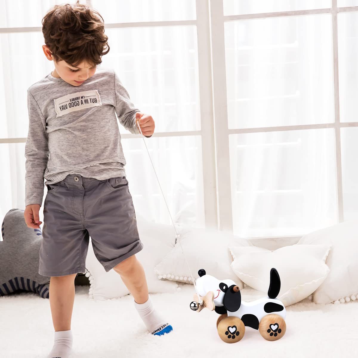 Classic World Pull Along Walking Toys, Wooden Pull Dog Toy for Baby Toddler