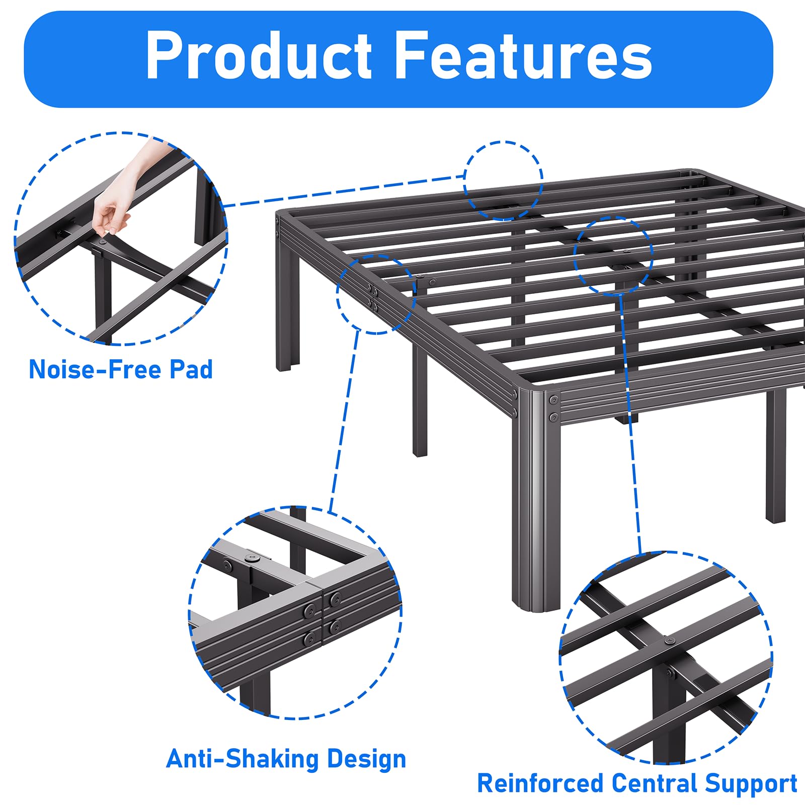 COMASACH 14 inch Twin Bed-Frames with Round Corner and Cylinder Shaped Leg,Support 3000 lbs Non Slip Metal Platform-Bed Frames No Box-Spring Needed, Noise Free Mattress Foundation, Black