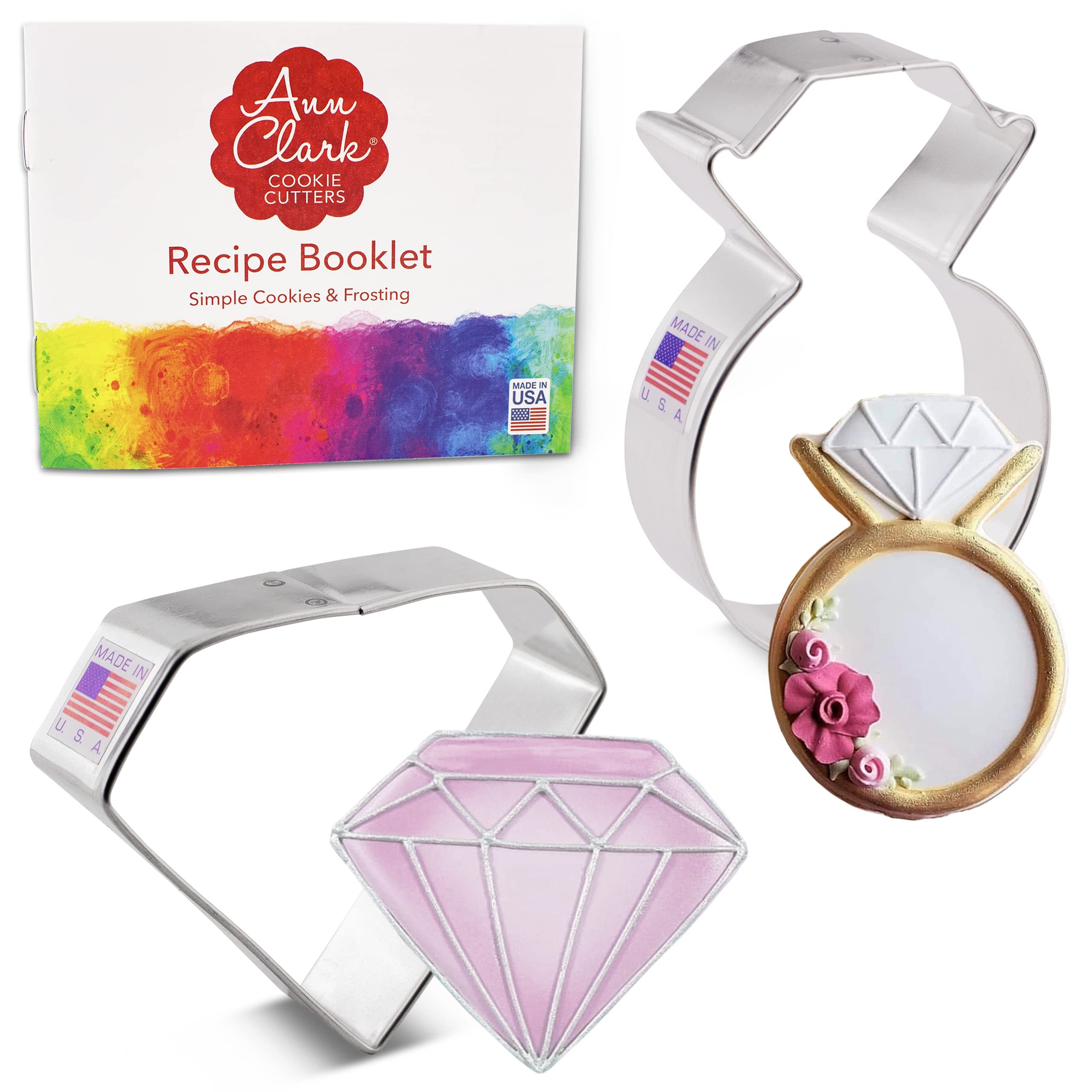 Engagement Cookie Cutters 2-Pc Set Made in USA by Ann Clark, Diamond Ring & Gem