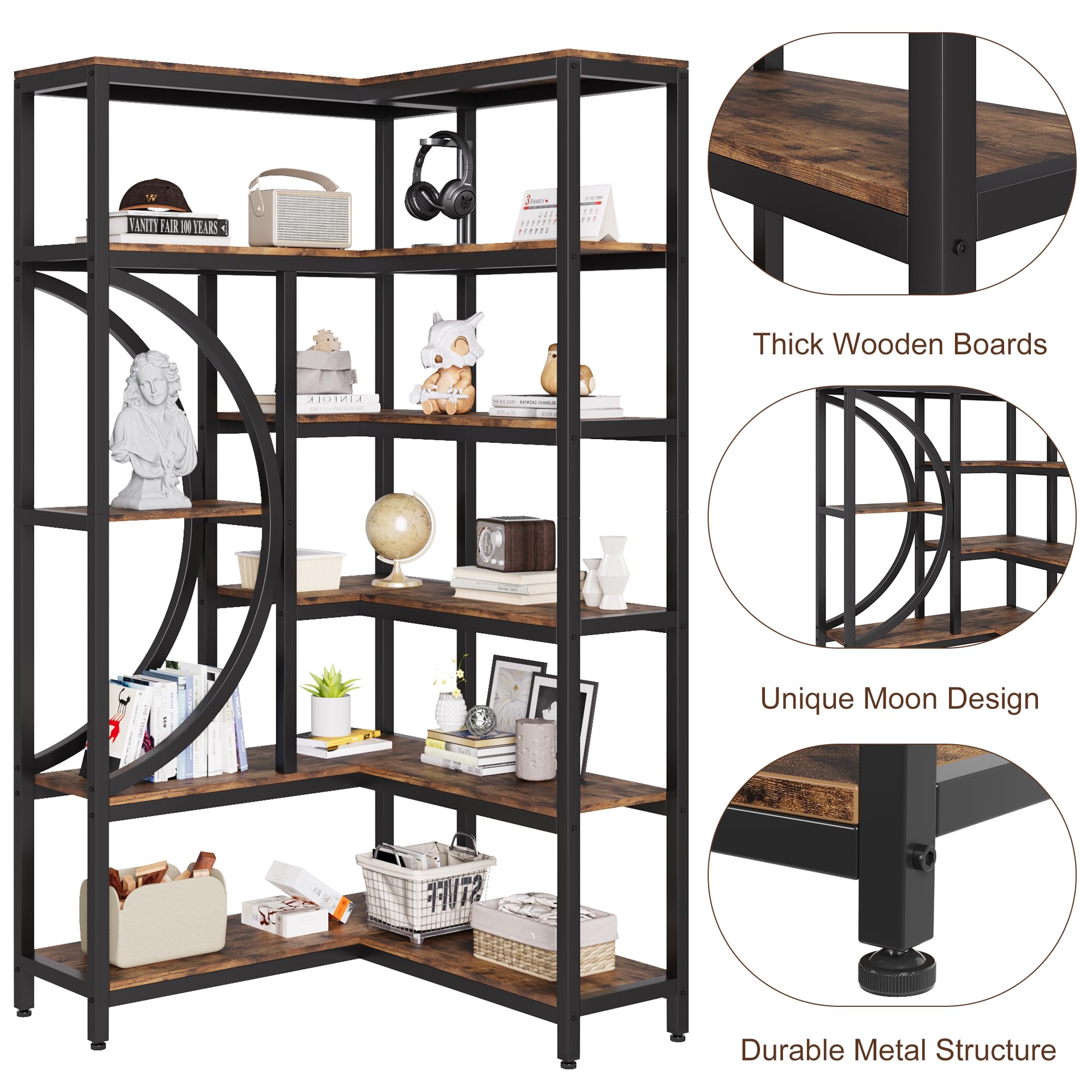 Knowfunn Industrial Corner Bookshelf with 6 Tier, L-Shaped Modern Bookcase, Large Corner Storage Rack, Wooden Corner Display Shelf for Home, Office, Living Room, Bedroom - Rustic Brown