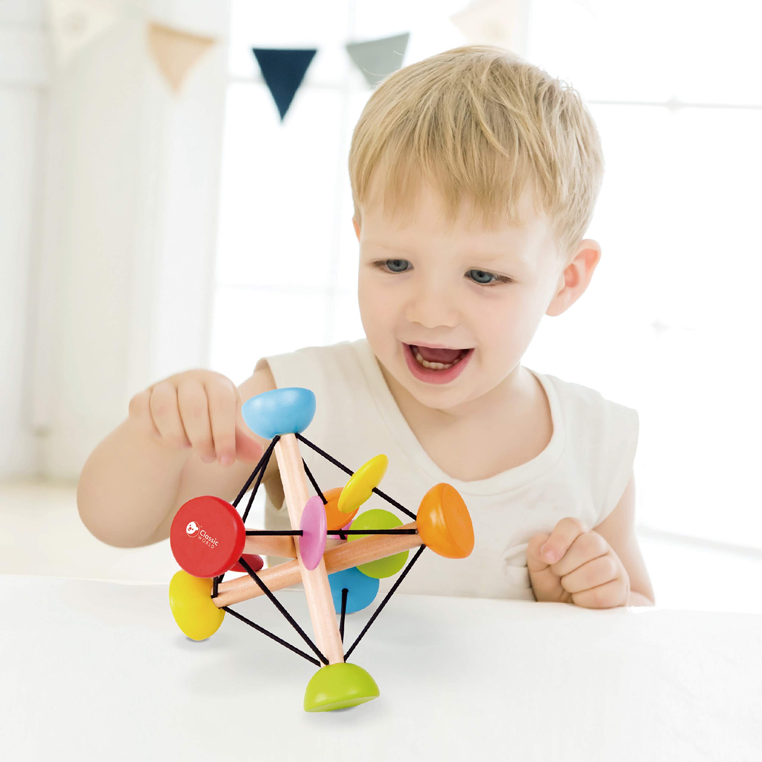Classic World Wooden Baby Rattle Teething Tensegrity Ball Teether, Squish Squzze Expandable Springy Rebounding Ball for Early Learning Education, Montessori Toys