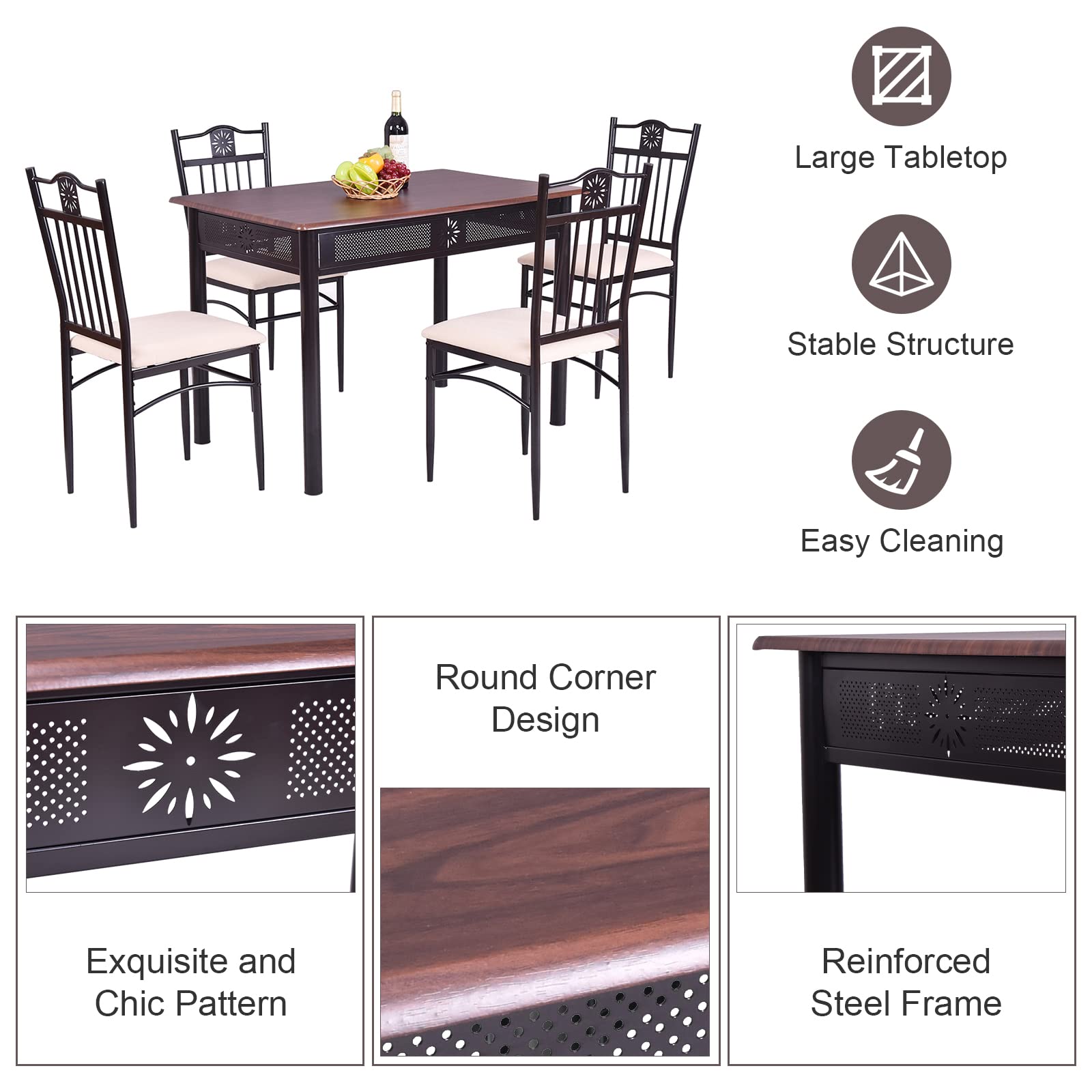 COSTWAY 5 Pieces Dining Table Set, Modern Kitchen Table Set for 4 Person, 42β Rectangular Table w/ 4 Upholstered Chairs, Bistro Table Set for Home, Coffee Shop & Restaurant (Brown)