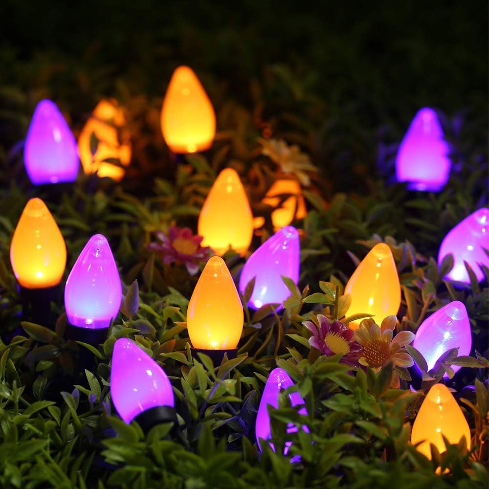 RECESKY C7 Halloween String Lights - 50 LED 24Ft Smooth Bulb Orange Purple Lights with Timing Function - Extendable 8 Modes Halloween Lighting for Indoor Lawn House Halloween Party Decorations