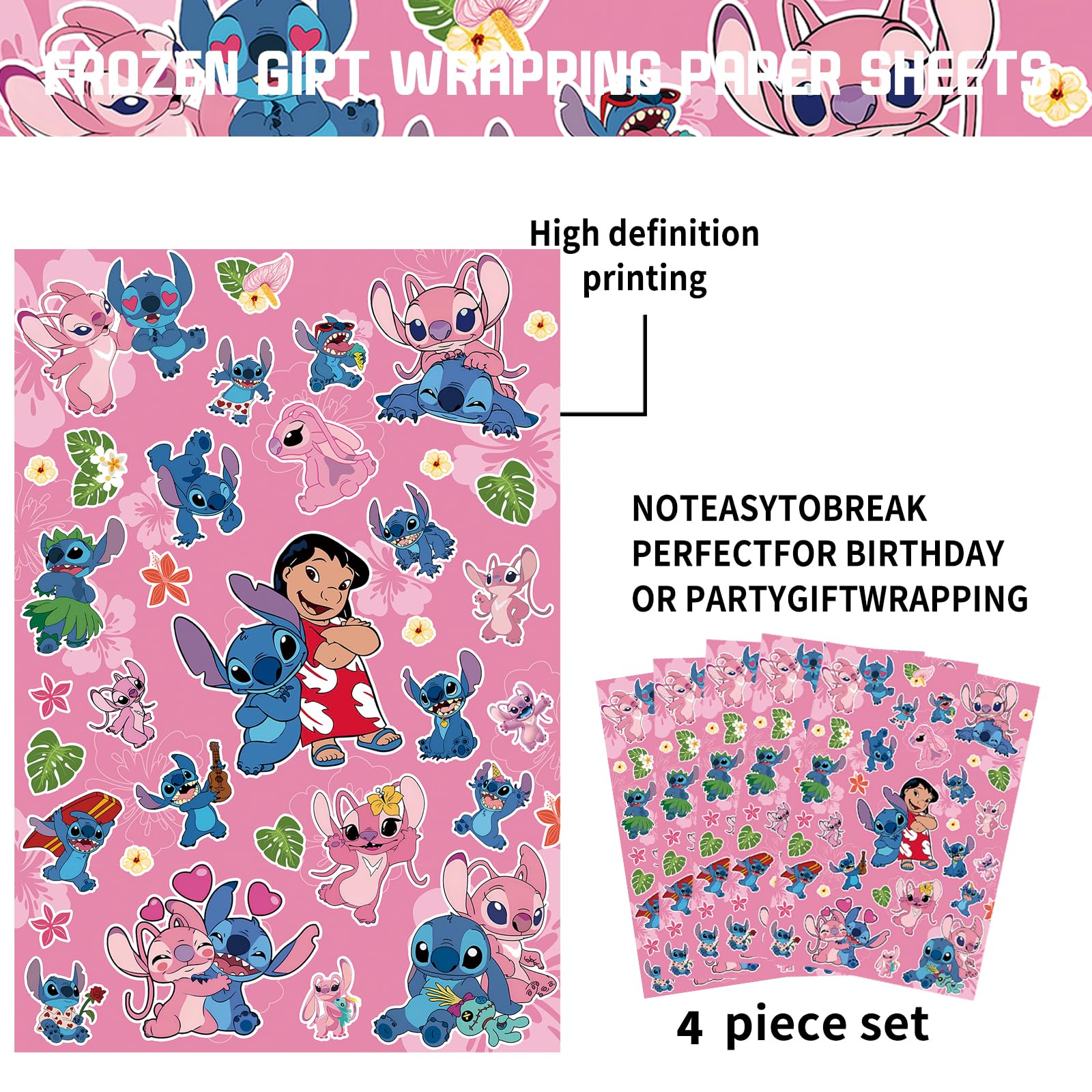 Hanrace Lilo Stitch Wrapping Paper Stitch Gift Wrap Bulk Art Paper Folded Flat for Baby Shower Stitch Birthday Party Decorations Wedding DIY Crafts Gift (Pink)