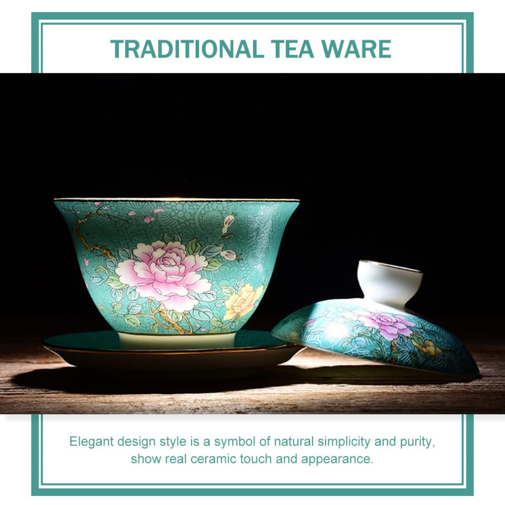 FOMIYES Chinese Porcelain Teacups Gaiwan Poney Flower Tureen Tradition Sancai Cover Bowl Lip Cup Saucer Tea Set Loose Tea Blooming