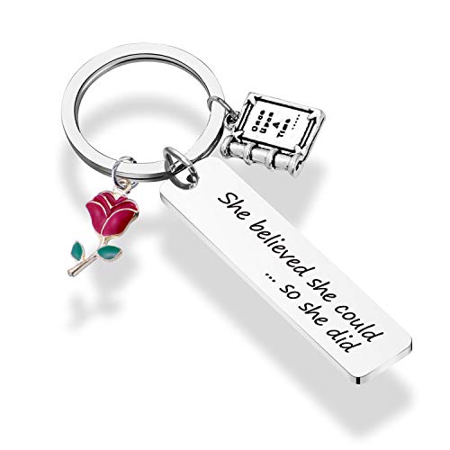 COMEINK Inspirational Gift Beauty and The Beast Keychain She Believed She Could Belle Keychain Princess Gift Rose Charm Keychain Wedding Gift for Her (Believed Rose Book1-KR)
