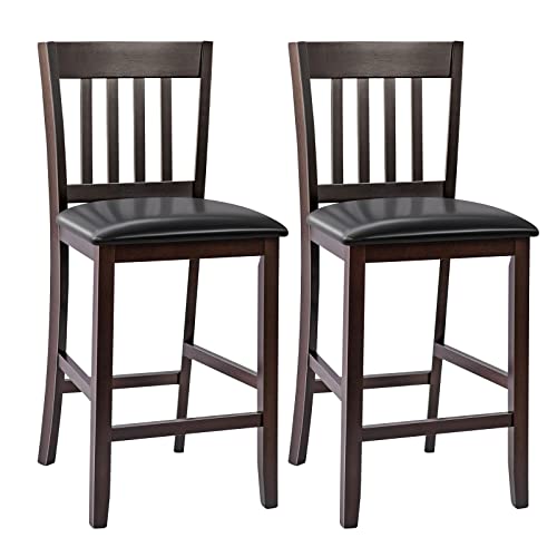 COSTWAY Bar Stools Set of 2, 25β Counter Height Pub Chairs with Rubber Wood Legs, Armless Bar Chairs with Elastic Cushion & PU Cover for Kitchen, Living Room, Bar, Fit Residential Use (2)