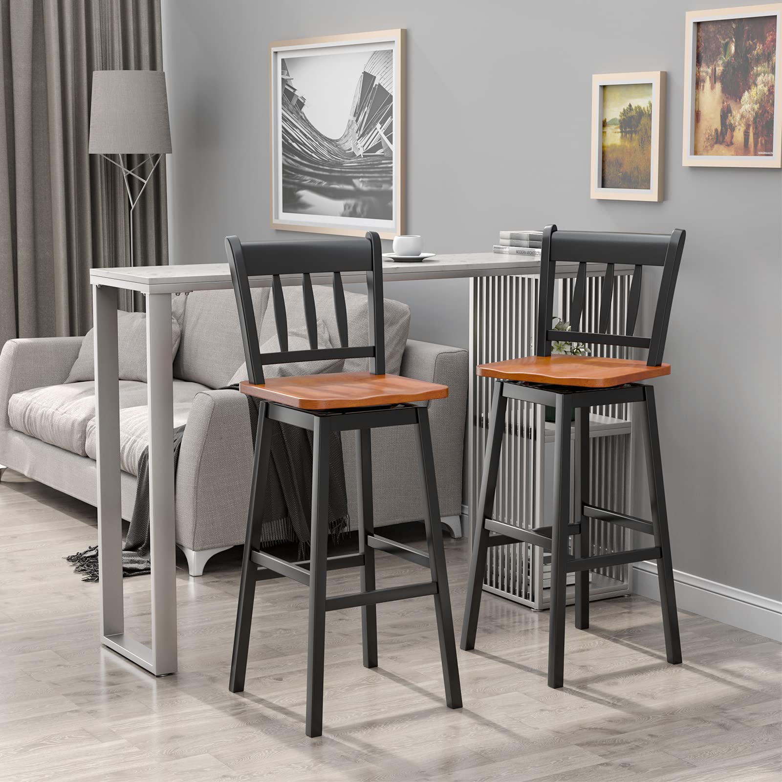 COSTWAY Bar Stools Set of 2, 30.5 Inch Solid Rubber Wood Bar Chairs with 360 °Swiveling, Footrest, Swivel Pub Height Barstools with Back Ideal for Kitchen Island, Counter, Pub(Set of 2, Black)