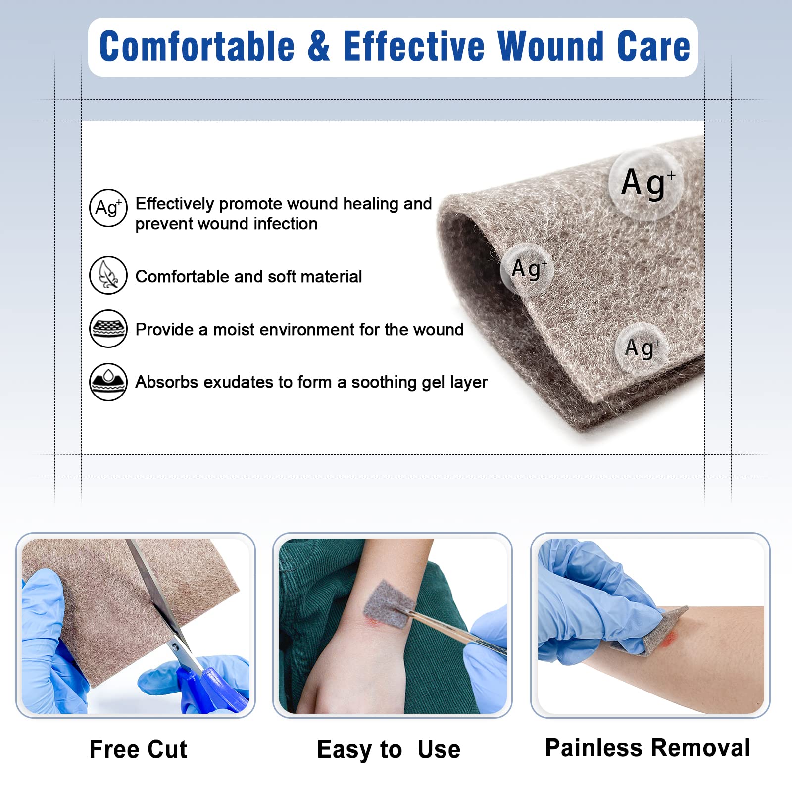 Ceeport Ag Silver Calcium Alginate Wound Dressing Pads 3'' x 3'' (Pack of 10), Soft Highly Absorbent Silver Wound Dressing, Non-Adhesive Dressing for Wound Care, Painless Removal Gauze Pads for Wounds