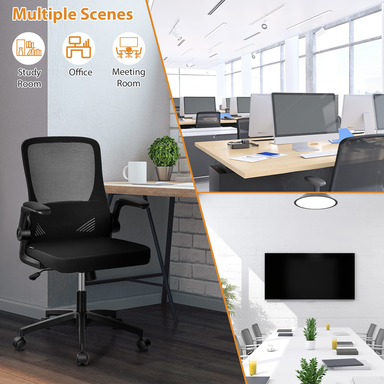 COSTWAY Ergonomic Office Chair with Foldable Backrest, Mid Back Mesh Office Chair w/Flip up Armrest, Swivel Rolling Executive Task Chair w/Lumbar Support, Ideal for Office, Meeting Room