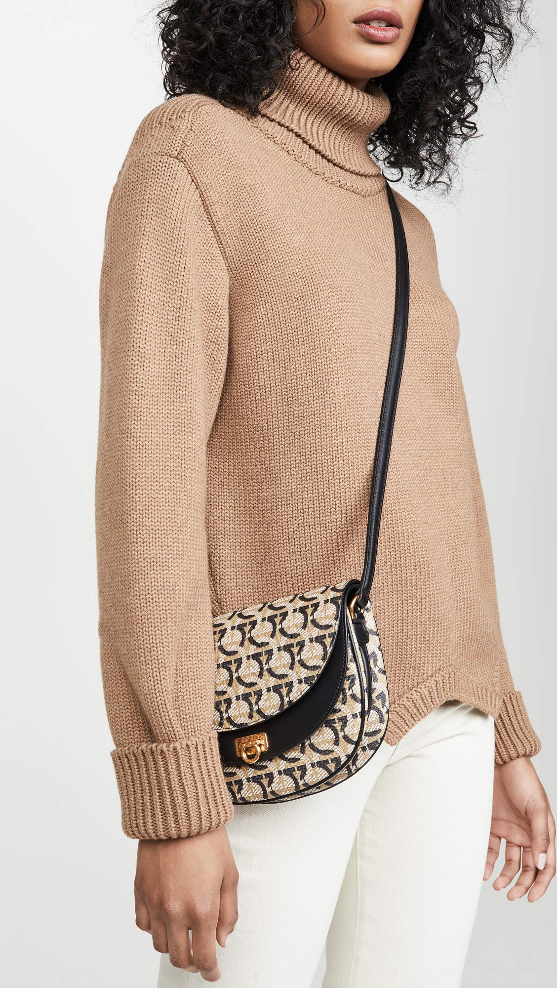 Salvatore Ferragamo Women's Ferragamo Traveler Saddle Bag, Gancini Sand/Foster Nero, Black, Print, One Size