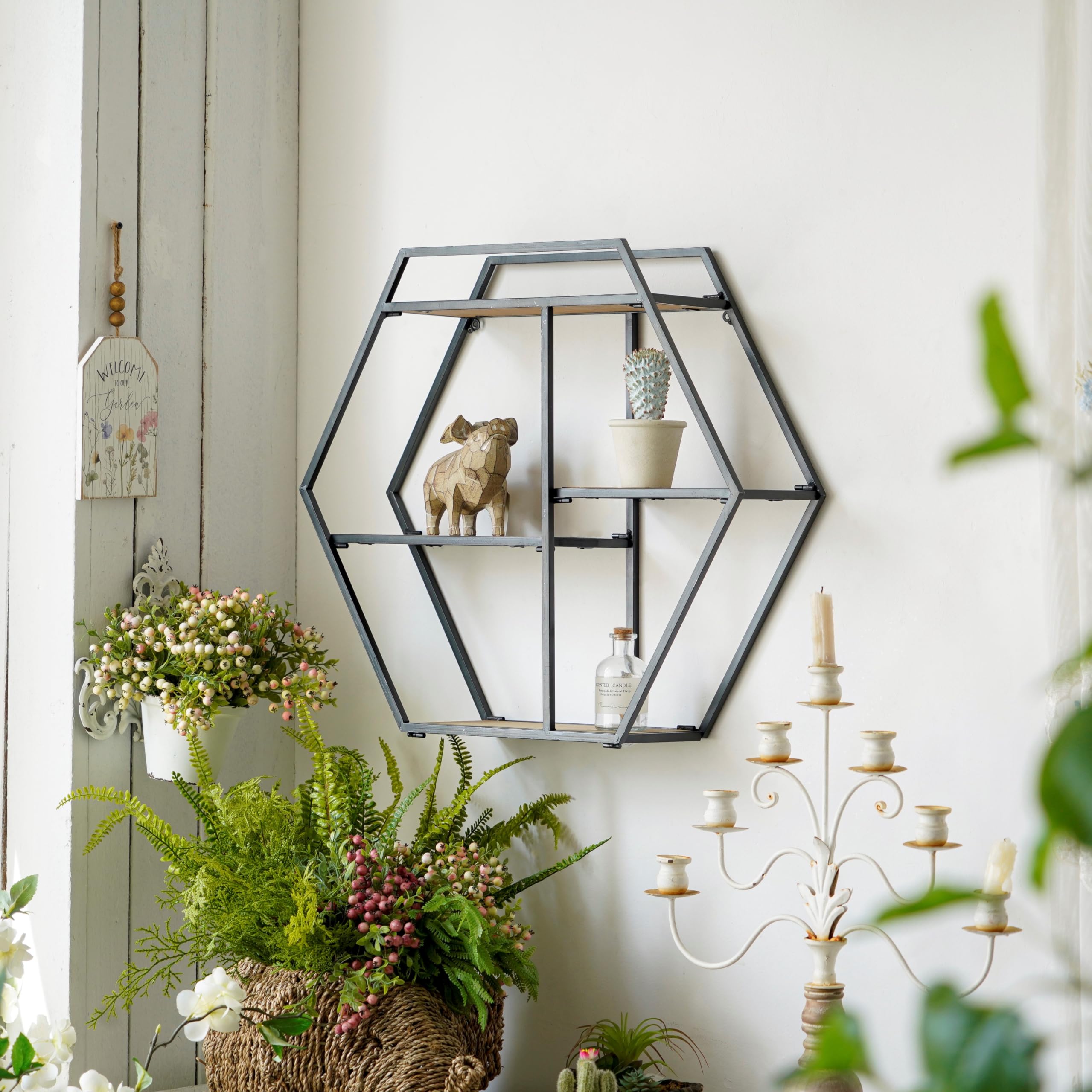 Industrial Style Hexagon-Shaped Wall Shelves, 3 Tier Decorative Floating Ledge Shelves, Wall Mounted Metal Bracket Wooden Display Hanging Shelf