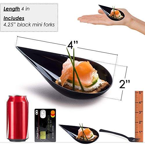 DLux 100 4-in Tear Drop Mini Appetizer Plates with Forks,Reusable Black Plastic Spoons - Desserts and Appetizers Dishes Serving Plate - Asian Spoon Set, Small Catering Dessert Tasting Cups