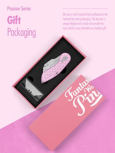 FantastiCAR Box Cutter Folding Utility Knife, Unique Metal Body, Safety Lock Button and Quick Blade Change, with Extra 5 Sharp Blades (Pink-Hearts)