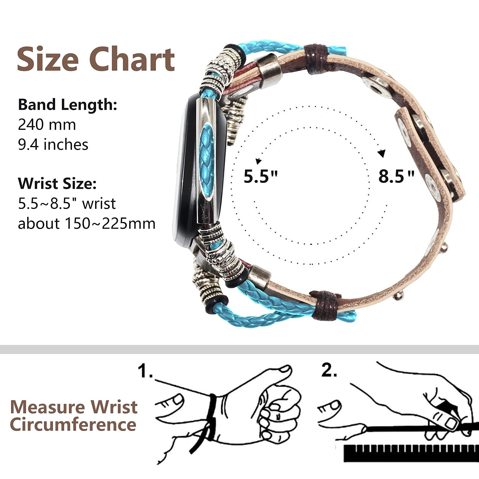 Compatible with Fitbit Sense/Fitbit Versa 3 Bands for Women, Marval.P Handmade Leather Band, Replacement Unique Bracelet Strap, Wristbands Adjustable Size, Fashion Wrist Band Straps (Blue)