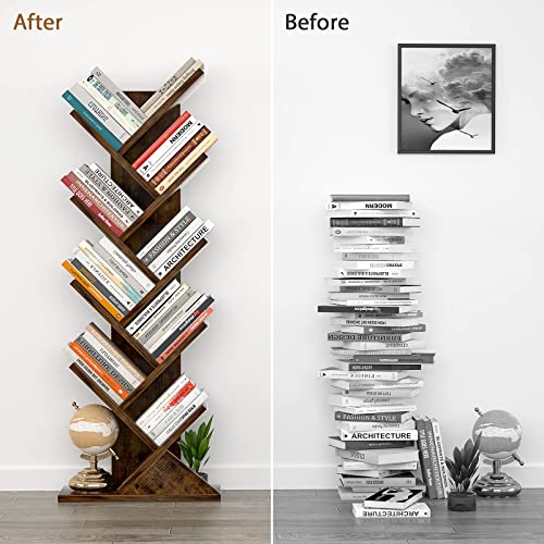 Topfurny Tree Bookshelf, 9-Tier Shelf Rustic Brown Bookcase, Retro Wood Storage Rack for CDs/Movies/Books, Anti-Fall Utility Organizer Shelves for Living Room, Bedroom, Home Office, Rustic Brown