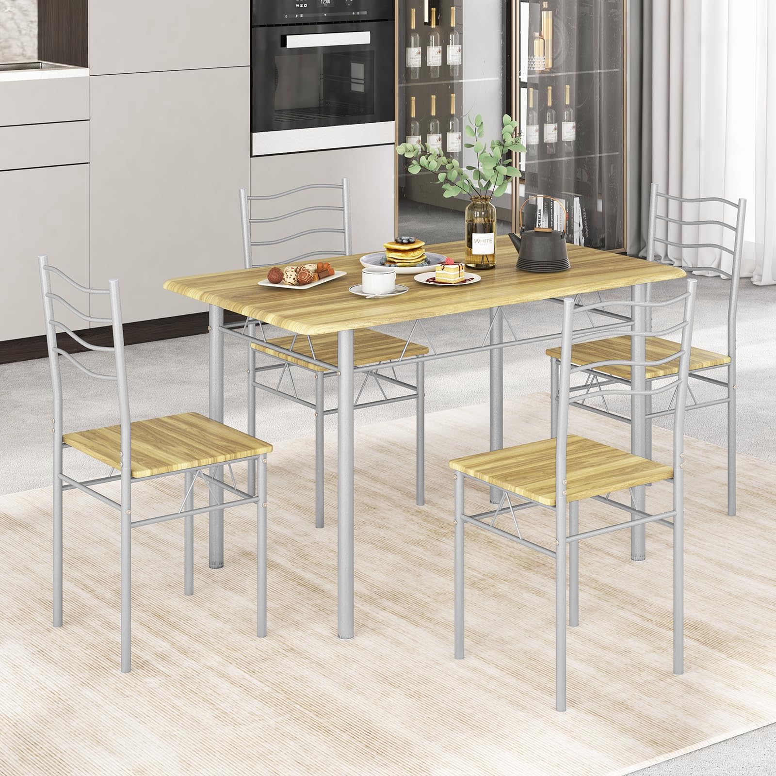 COSTWAY Kitchen Table Chairs Set of 4, 5 Piece Metal Rectangular Dinette Set w/Non-Slip Pad, Space-Saving Design, Modern Dining Room Table Set for Small Place Breakfast Nook Restaurant (Walnut)