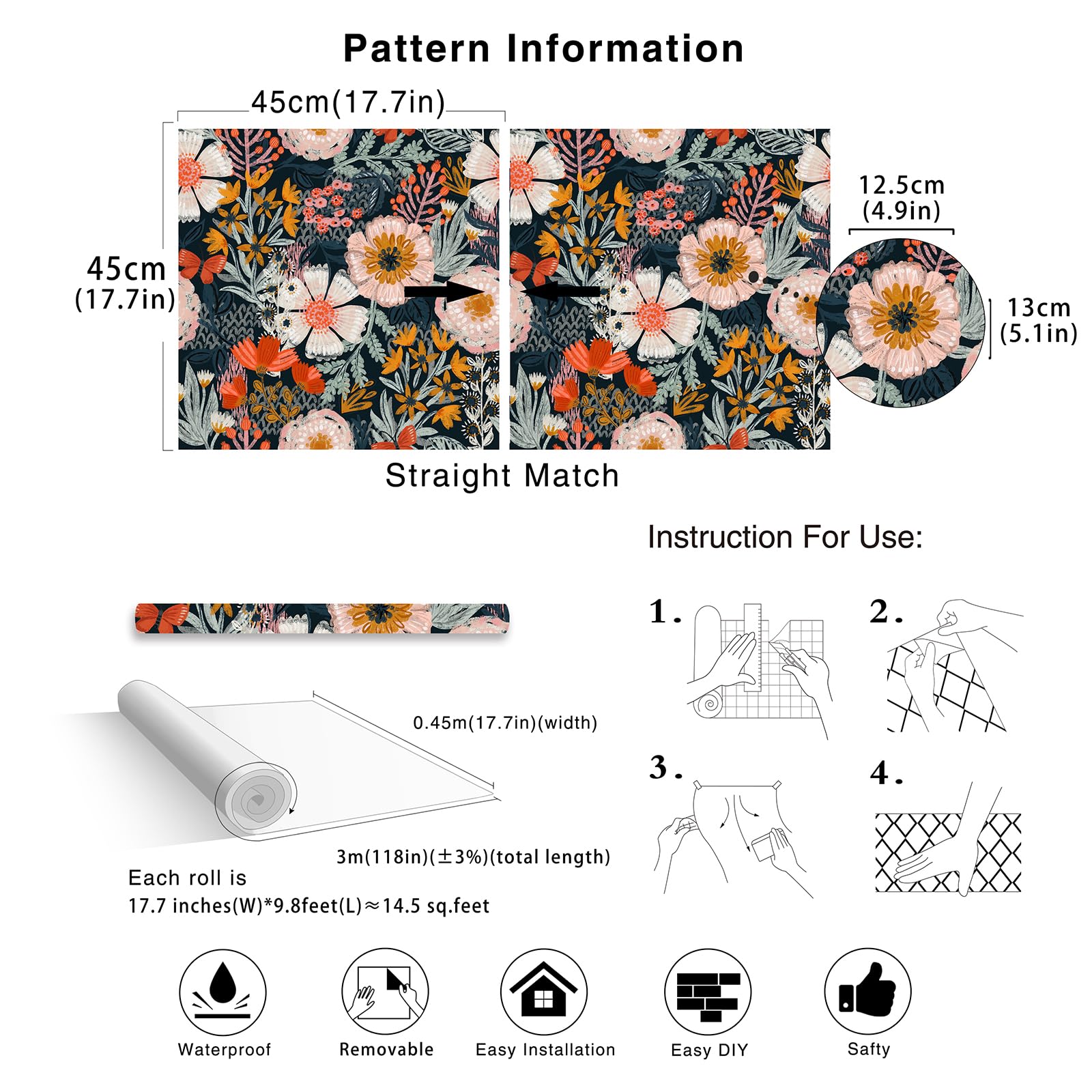 HAOKHOME Boho Peel and Stick Wallpaper Floral Wall Paper Removable for Bedroom Navy/Pink/Orange Contact Paper 17.7in x 9.8ft