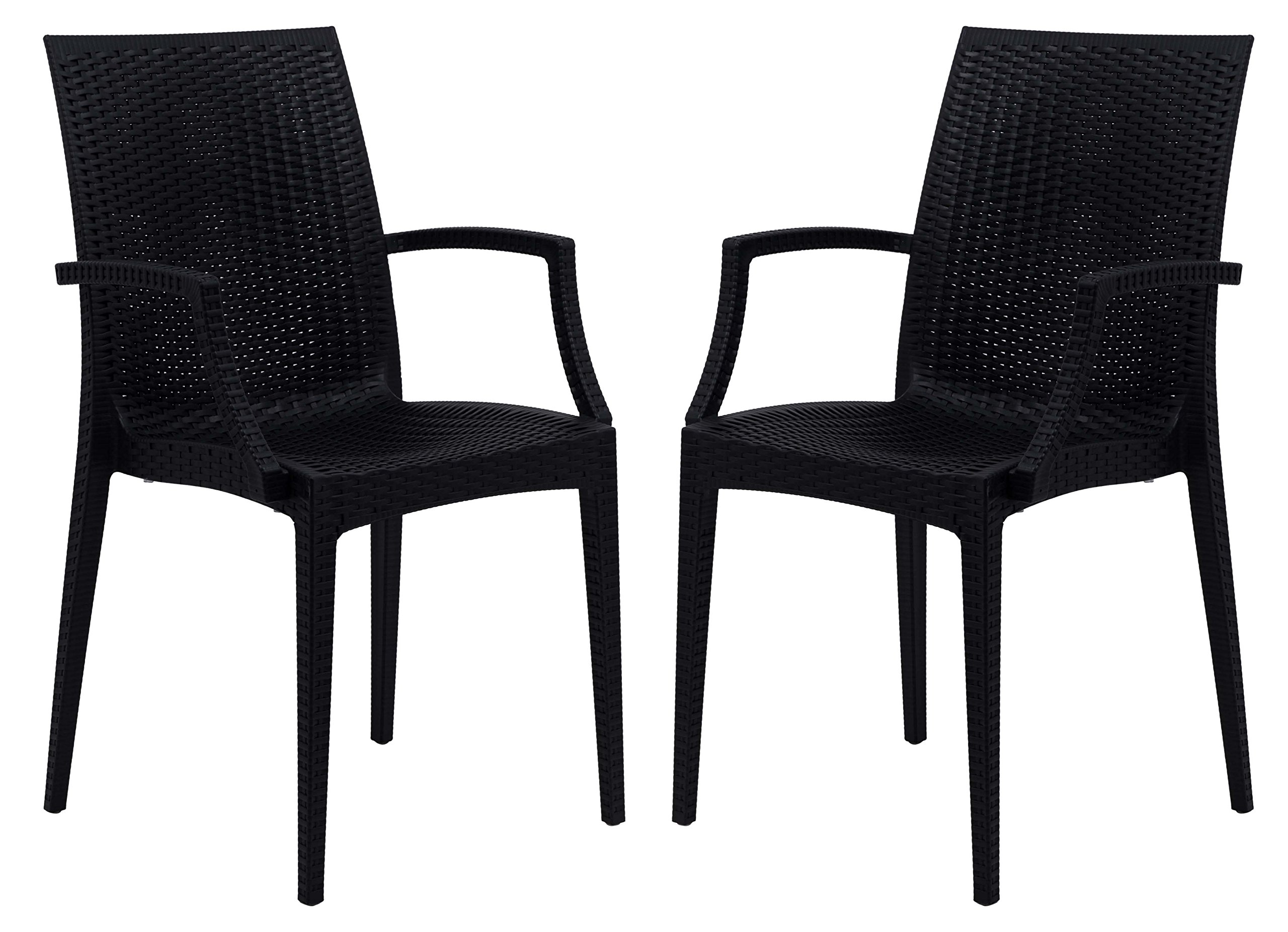 LeisureMod Hickory Weave Indoor Outdoor Patio Dining Side Armchair Set of 2 (Black)