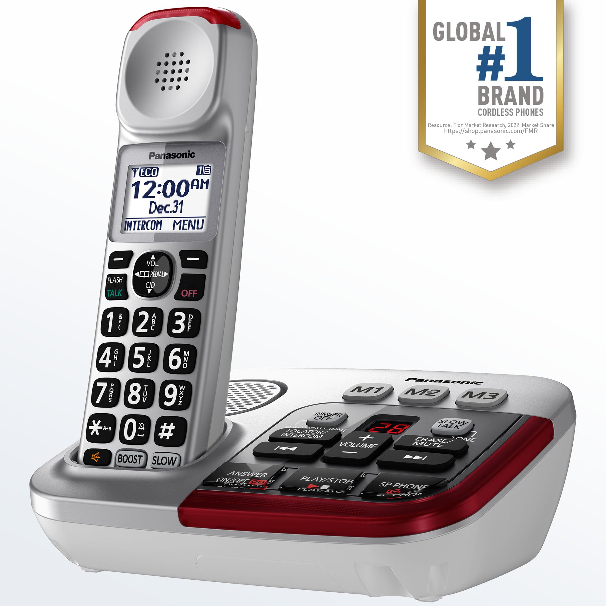 Panasonic Amplified Cordless Phone with Slow Talk, 50dB Volume Boost, 112dB Lound Visual Ringer, Hearing Aid Compatibility, Large Screen and Backlit Keypad - KX-TGM450S - 1 Handset (Silver)