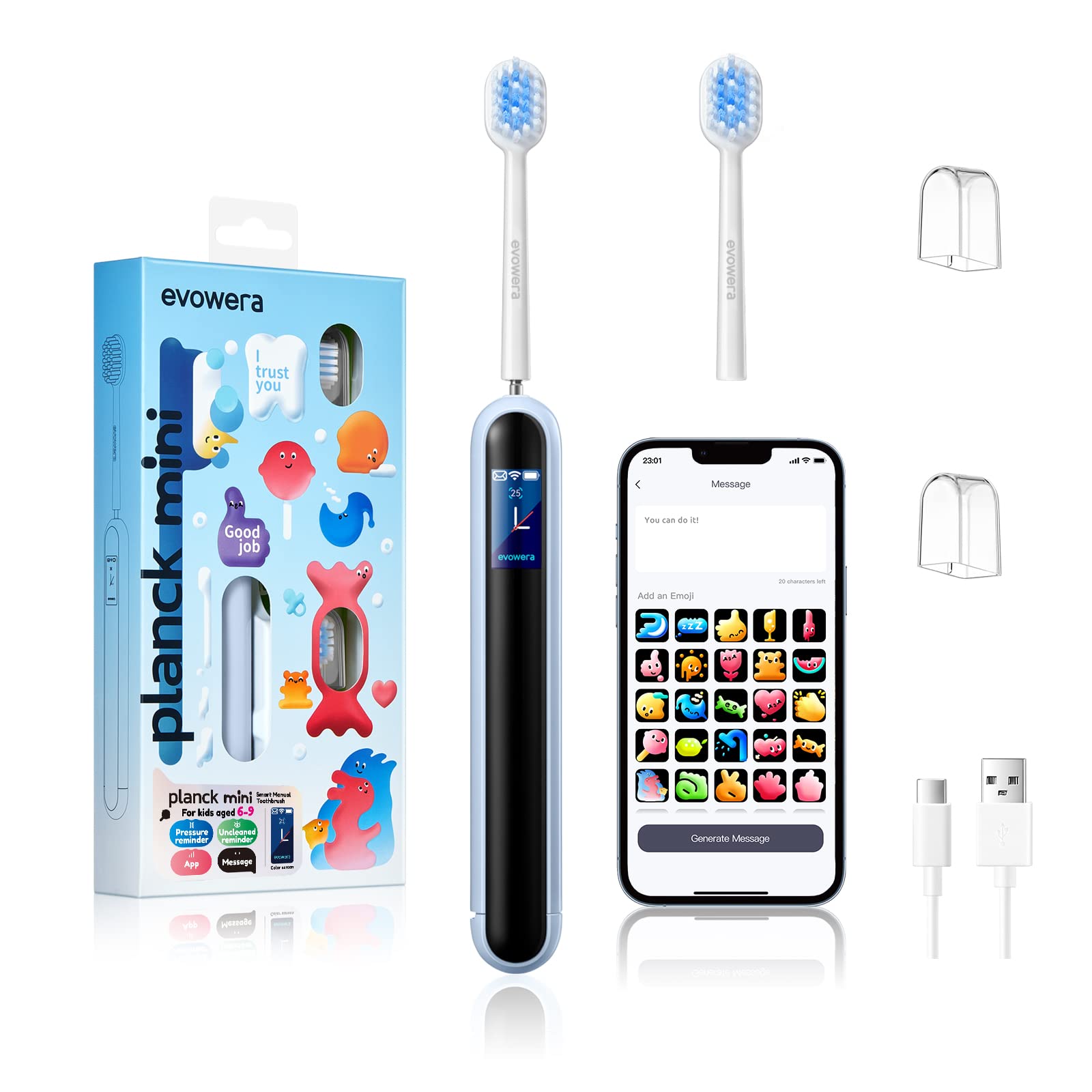evowera Smart Manual Toothbrush for Kids, Uncleaned Area & Pressure Reminder, Coaching App, Color Display, WiFi Compatible, Soft Bristle, Timer, Message Function, BPA Free, Age 6-9, Blue Toothbrushes